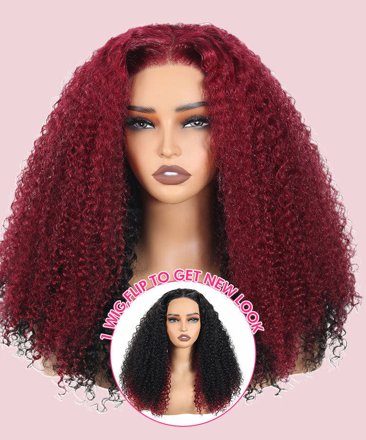 Karlami Double Wear Wig Ombre Black Red & 99J Burgundy Curly Wig Flip ...